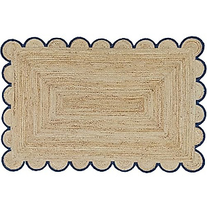 KALVEERA Boho Jute Area Rug for Home decore Rectangular Scalloped Vintage Jute Area Rug Carpet Navy 2' x 3'