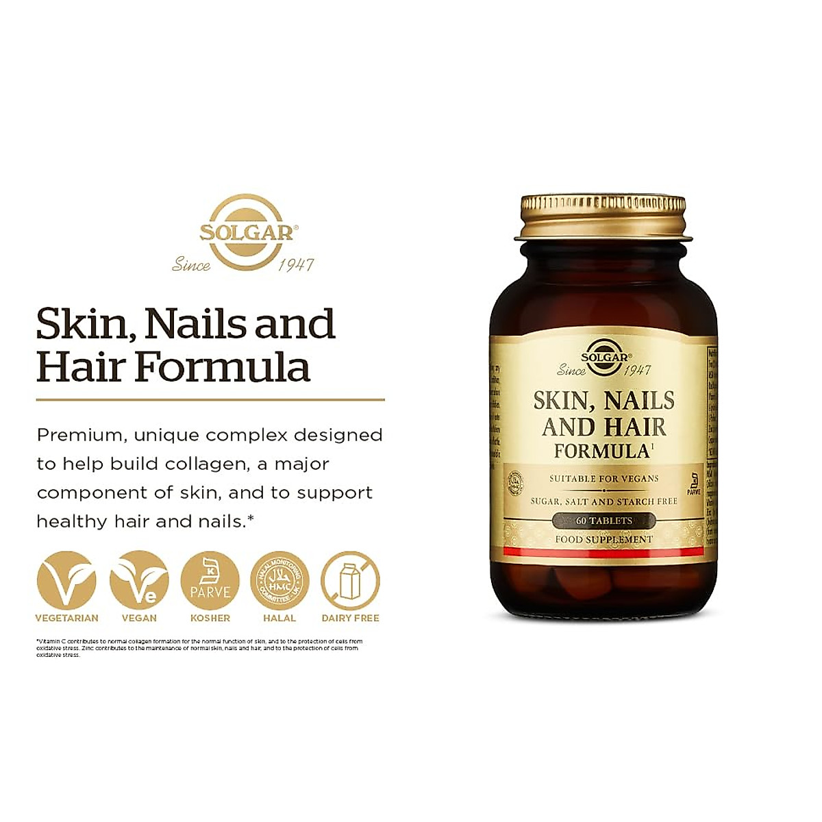 Solgar Skin, Nails & Hair, Advanced MSM Formula, 60 Tablets - Supports Collagen for Hair, Nail and Skin Health - Provides Zinc, Vitamin C & Copper - Non GMO, Vegan, Gluten & Dairy Free - 30 Servings