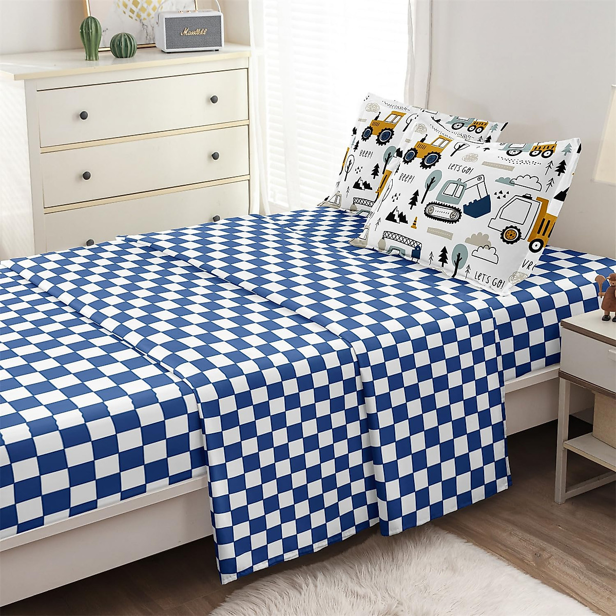 Leaflin 4-Pcs Construction Twin Size Boys Bedding Set, Kids Comforter Set for Teens w/Sheets and Pillowcase, Soft Cartoon Tractor Cars Bed in a Bag Sets