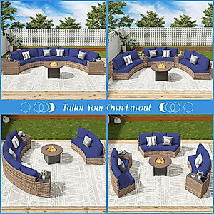 LUXOAK Patio Furniture Sets, 11 Piece Half-Moon Sectional Round Sofa Set, Outdoor Patio Furniture with Cushions & Wedge Table for Beach, Pool, Balcony, Blue