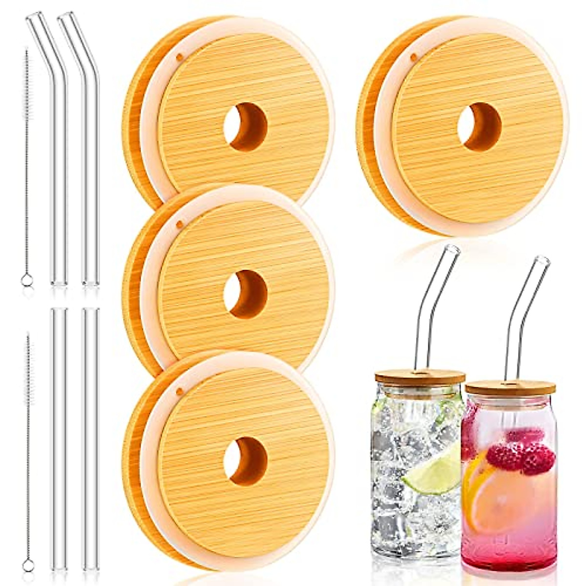 16oz Beer Glasses Lids with Straw Hole Drinking Glass Cups Anticorrosion Beer Can Cups Lids Bamboo Lids Include Reusable Glass Straight Curved Straw and Brush for Drinking Glasses (10 Pieces)