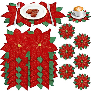 Tudomro 12 Pcs Thanksgiving Maple Leaves Placemats and Coaster Set of 6 Leaf Table Placemats 11 x 17 Inches Embroidered Washable Mats for Thanksgiving Fall Autumn Harvest Decorations