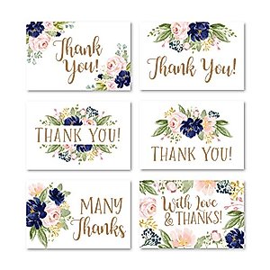24 Navy Floral Thank You Cards With Envelopes, Great Note For Adult Funeral Sympathy or Gift Gratitude Supplies For Grad, Birthday, Baby or Classic Vintage Flower Bridal Wedding Shower For Boy or Girl