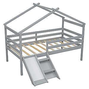 XD Designs Twin Size Low Loft Bed with Slide and Ladder for Kids Boys Girls, Solid Wood Loft Bed Frame with Safety Guardrails and Roof, Sturdy Slat Support, Playhouse Design (Grey-Roof)