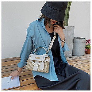 BZGWECD Handmade Rattan Crossbody Bags for Women, Summer Straw Bag Handbags Beach Bag PU Summer New Flap Crossbody Bag (Color : White, Size : 18x8x15cm)