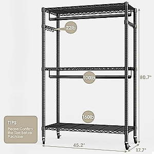 DEKYHOME Portable Closet, Clothing Rack with Storage Shelves, 3 Tiers Adjustable Wire Heavy Duty Rolling Garment Rack, Freestanding Closet Organization Systems with Double Rods and Side Hooks