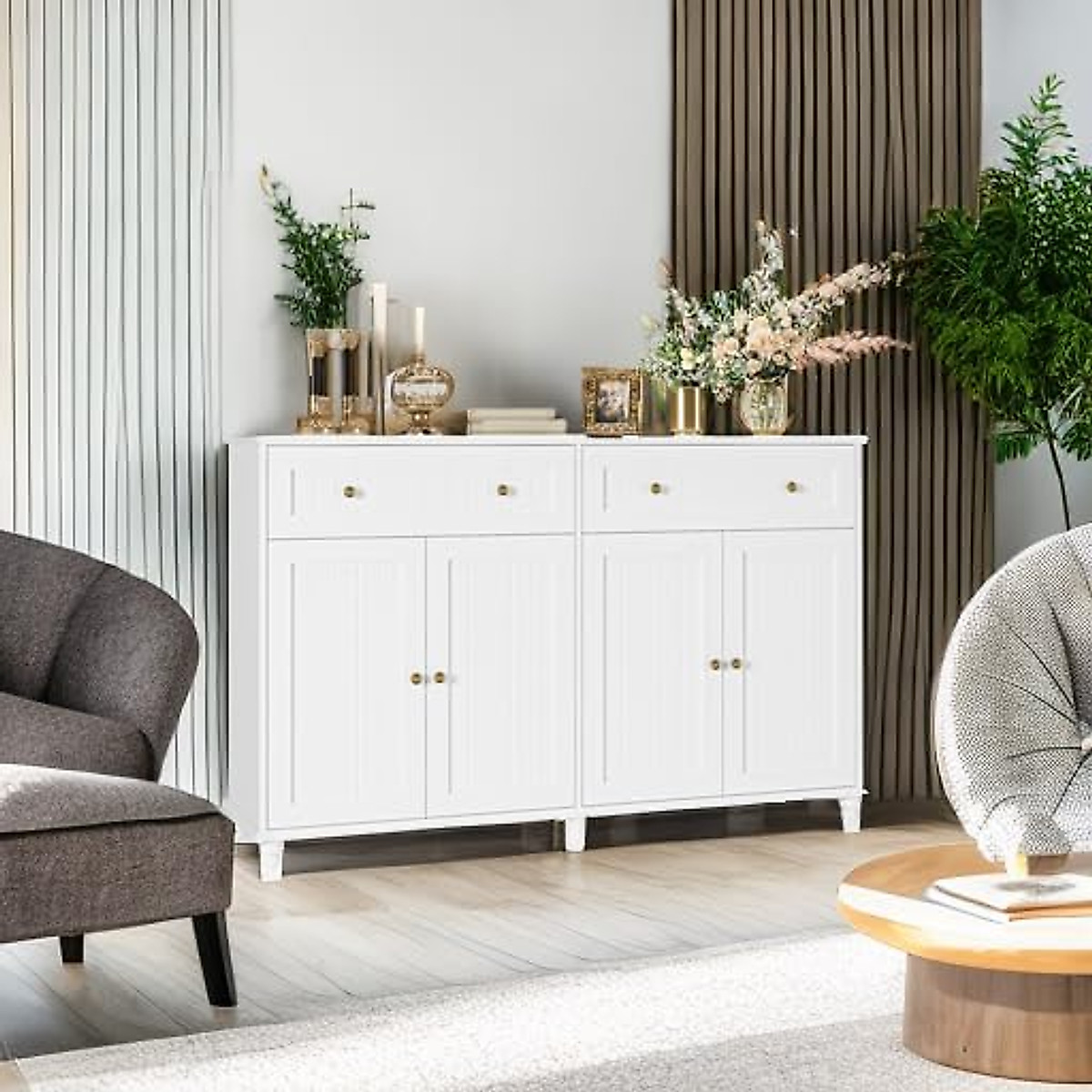 FINETONES Buffet Cabinet with Storage, 55.1” Large Sideboard Buffet Cabinet, White Kitchen Cabinet Display Cabinet with 2 Drawers and 4 Doors, Wood Coffee Bar Cabinet for Kitchen Dining Room