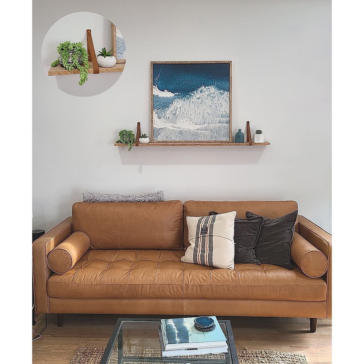 KEYAIIRA - Custom Leather Wall Strap for hanging pillow cushions, Headboards, Banquet strap shelf wall hung hook floating nightstand shelving bracket farmhouse