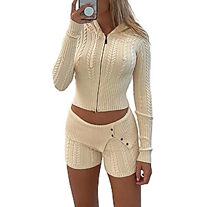 Luckinbaby Women's 2 Piece Cable Knit Sweatsuit Long Sleeve Zip Up Crop Hoodie Low Waist Shorts Set Y2k Ribbed Matching Set (Apricot, M)