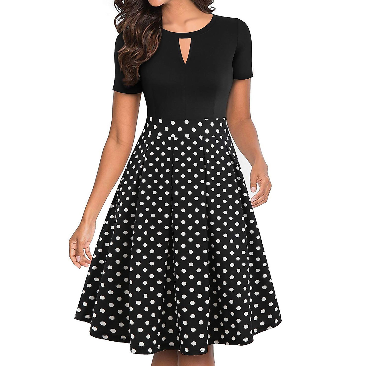 YATHON Women's Vintage Fit and Flare Cocktail Dresses Retro Black White Polka Dot Print Summer Aline Casual Work Swing Dress with Pockets (L, YT018-Black Dot)