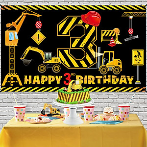 Construction 3rd Birthday Banner Decorations for Boys Kids, Dump Truck Construction Theme Three Birthday Backdrop Party Supplies, Excavator Crane Digger Three Year Old Poster Sign