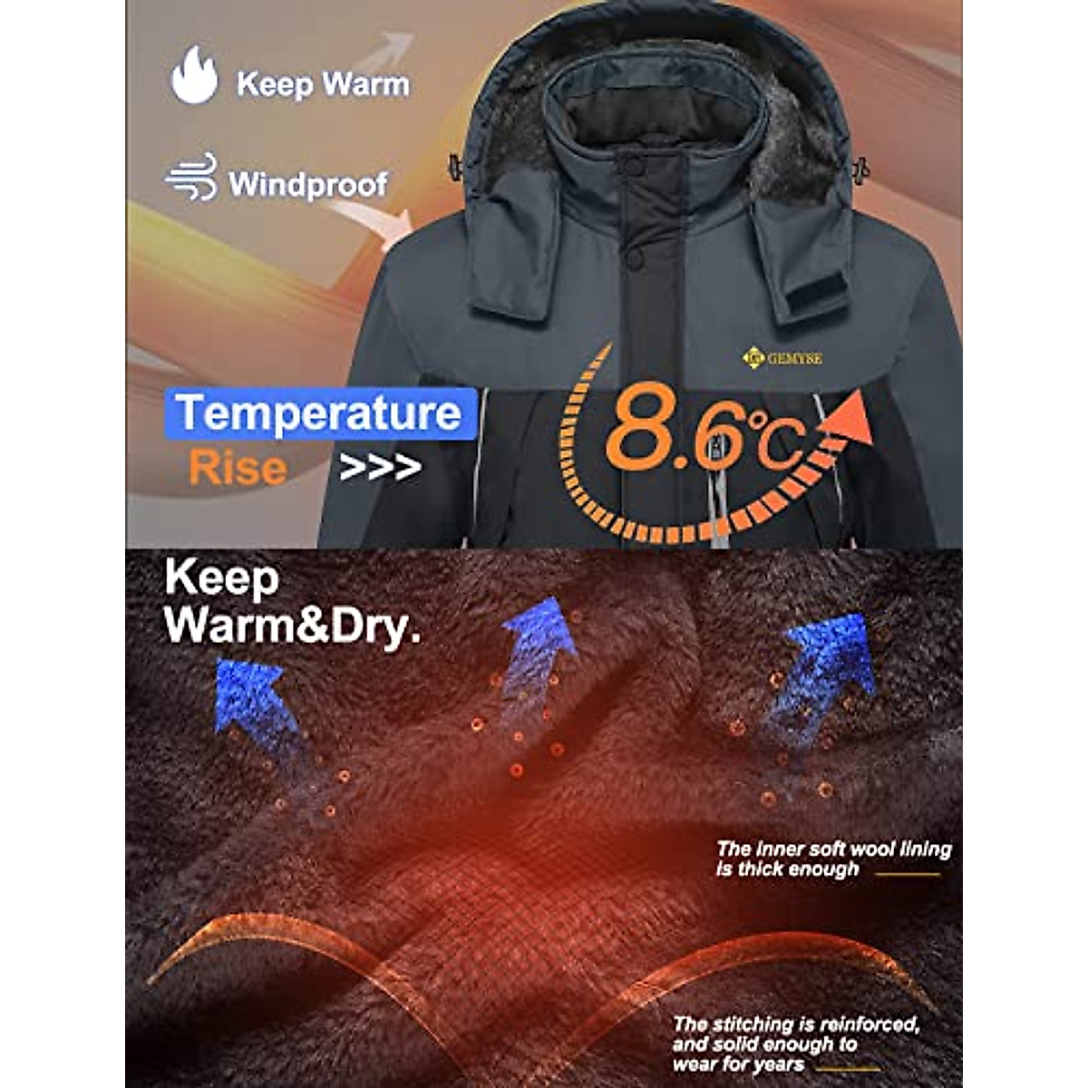 GEMYSE Men's Mountain Waterproof Ski Snow Jacket Winter Windproof Rain Jacket (Black,Medium)