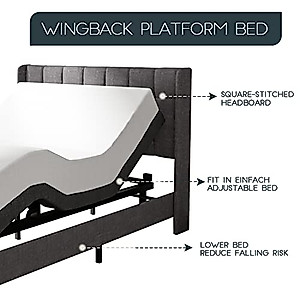 Einfach Full Upholstered Wingback Platform Bed Frame with Headboard/Mattress Foundation with Wood Slat Support and Square Stitched Headboard/No Box Spring Needed/Easy Assembly, Dark Grey