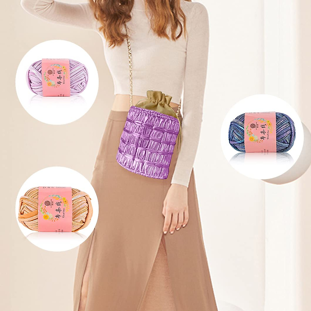 Rolin Roly 3Pcs Knitting Yarn Khaki Yellow Cotton Yarn Blue Soft Fabric Crochet Cloth for Summer Hand DIY Knitted Fabric Art Basket Bag Long30m