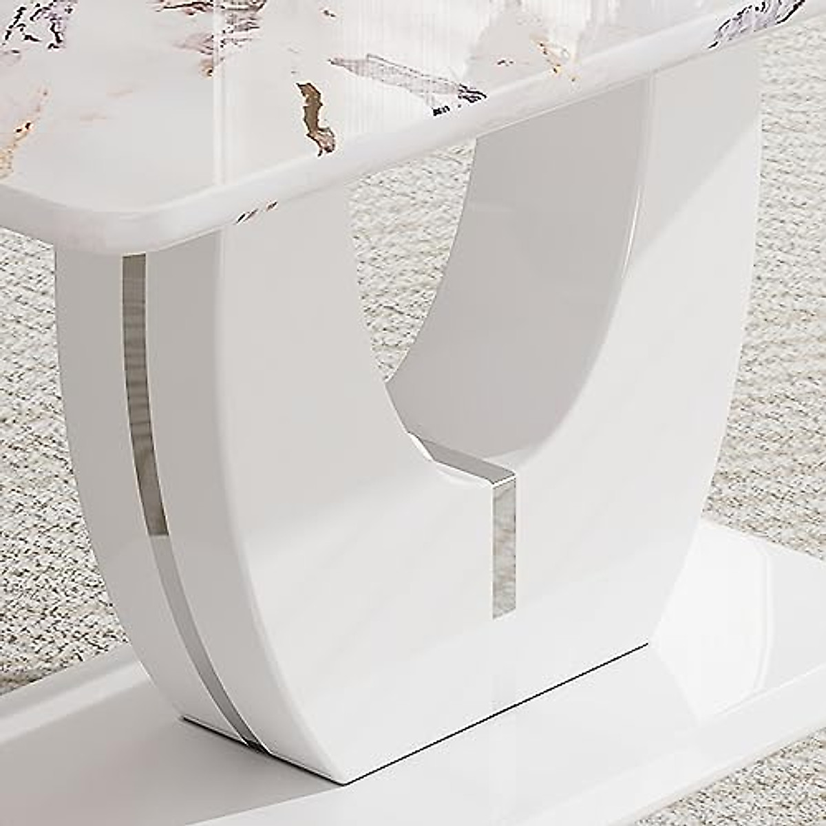 White Marble Dining Table for 4-6, Modern Kitchen Dining Room Table with Faux Marble Top and U Shape Wood Pedestal Base, 63" Rectangular Dining Table for Dining Room Kitchen Living Room