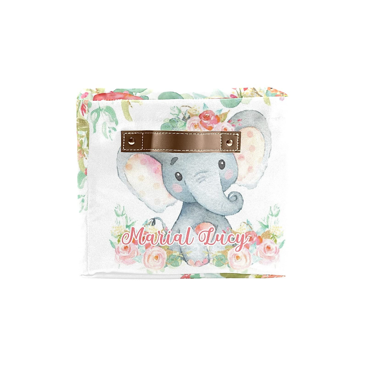 Elephant and Flower Personalized Storage Bins Basket Cubic Organizer with Durable Handle for Shelves Wardrobe Nursery Toy 2 Pack