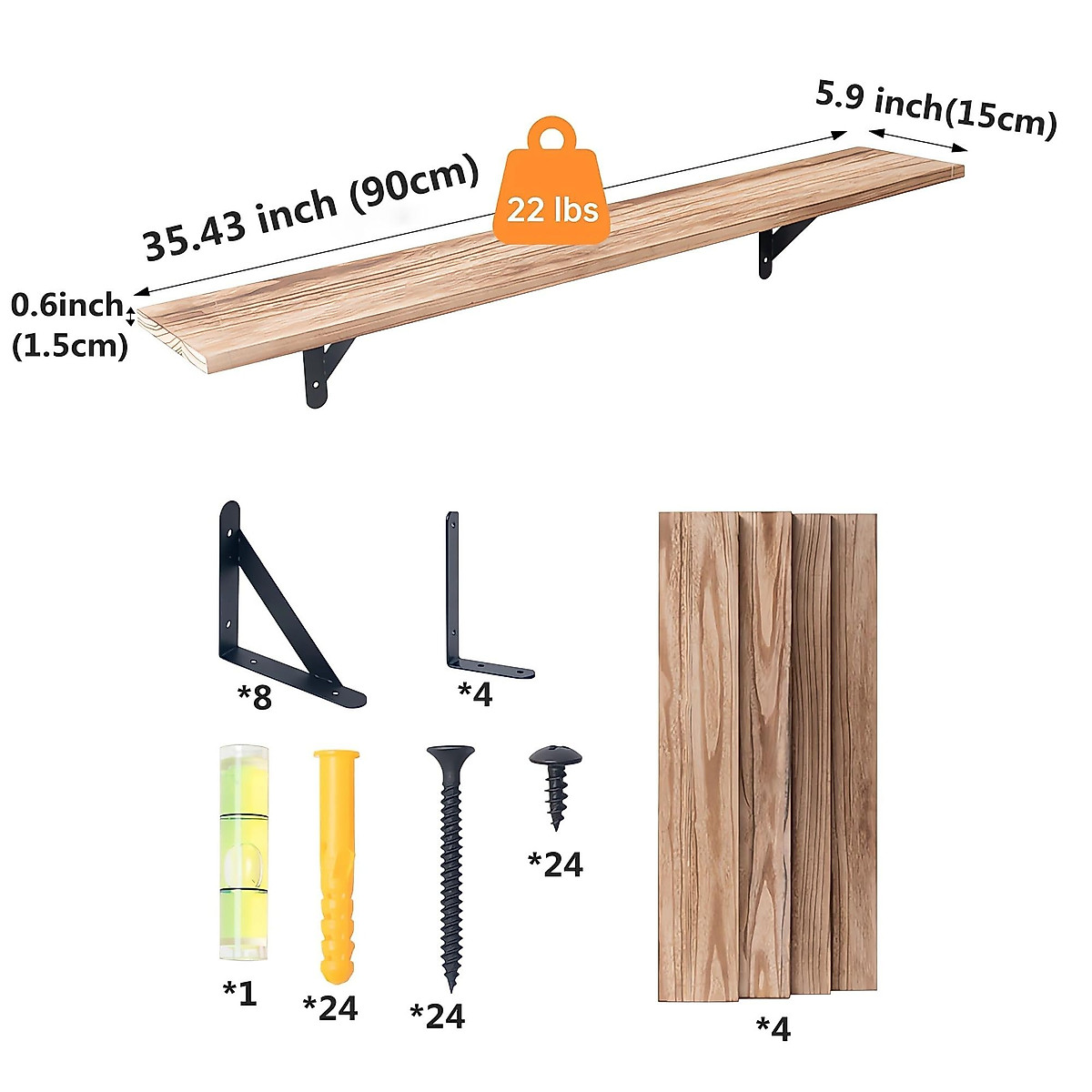 Long Floating Shelves for Books,Wall Hanging Bookshelf Set of 4,Rustic Wall Mount Book Shelf Wood Extra Large for Livingroom Bedroom Kitchen Bathroom Home Office Decor,36 Inches(Carbonized Black)