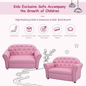 HONEY JOY Kids Sofa, 2 Seat Touch Couch Lounger Chair, Cute Gem Studs, Children Comfy Loveseat Sofa Bed for Playroom Daycare Furniture, Mini Double Foam Play Couch for Princess Girls, Pink