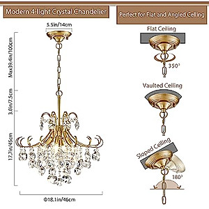 peskoe Gold Chandeliers for Dining Room, 4-Light Modern Crystal Light Fixture, Living Room Bedroom Pendant Ceiling Lamp, Luxury Hanging Light, H 17.7'' x W 18.1''