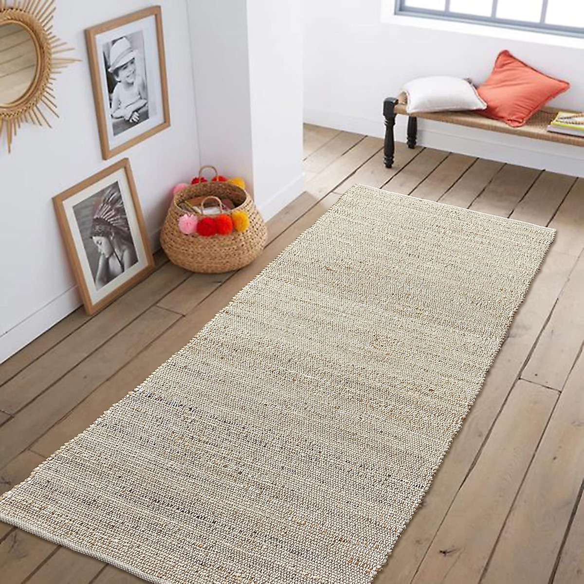 Chardin home Jute Rugs Collection- 2x5 Feet Jute Braids Rug, Boho, Rustic, Natural Jute/Ivory, Hand Woven Long Runner Rug for Bedroom, Living Room, Kitchen and entryways