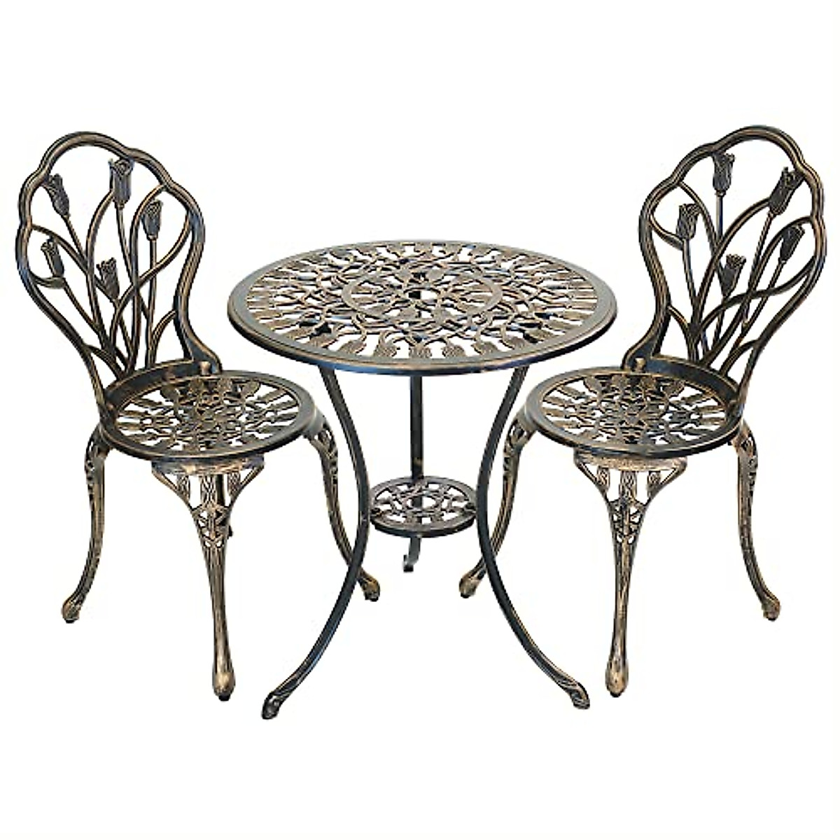 Patio Premier 217005 3pc Outdoor Tulip Garden Bistro Set, Cast Iron and Aluminum Frame, Bronze