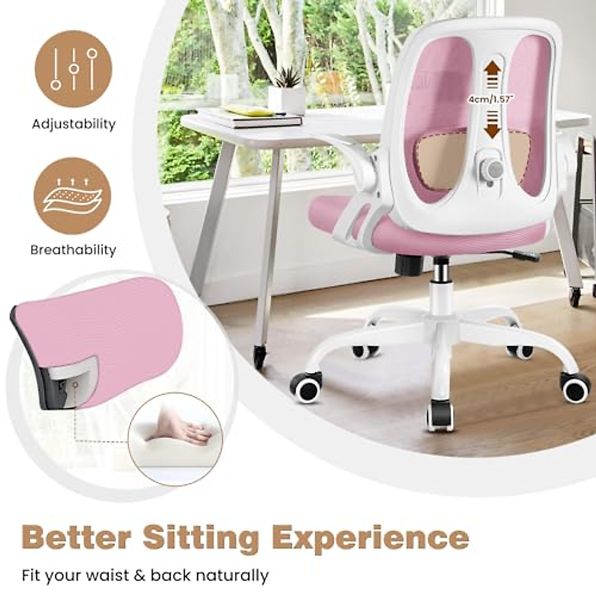 Razzor Office Chair, Ergonomic Computer Desk Chair with Lumbar Support, Breathable Mesh Rolling Swivel Task Chair with Flip-up Armrest and Adjustable Height for Home Office - Pink