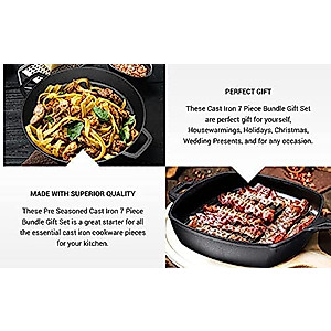 Pre Seasoned Cast Iron 7 Piece Bundle Gift Set, Double Dutch, Rectangular grill Pan, Wok, Large Skillet, Square Grill Pan & Chainmail, Camping Cookware Set