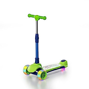 MooguUeer Kids Electric Scooter Foldable 3 Wheel Scooter for Kids Ages 3-8 with Knee Pads, Thumb Accelerator, Lean-to Steer, Flashing Wheels, 5 MPH Safe Speed, Best Gift for Children (Green)