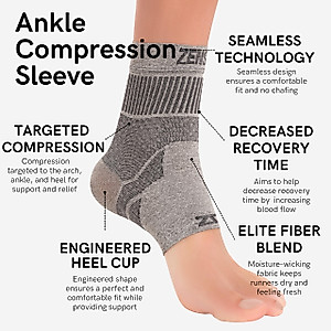Zensah Ankle Support - Compression Ankle Brace - Great for Running, Soccer, Volleyball, Sports - Ankle Sleeve Helps Sprains, Tendonitis, Pain, Heather Grey, Large