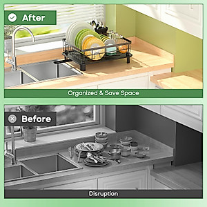 YUWENUS Dish Drying Rack, Space-Saving Dish Rack for Kitchen Counter, Anti-Rusty Stainless Steel Dish Drainer with Utensil Holder, escurridor de platos for Kitchen (Black)