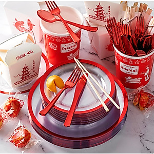 By Madee HEAVYWEIGHT 100 Pc Clear and Red Party Plates | Includes 50 Dinner & 50 Dessert Plates (50 Guests)