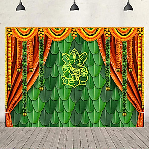 Ticuenicoa 7x5ft India Pooja Traditional Photography Backdrop Banana Leaf Green Chatiya Ganesh Background Puja Ganpati Pooja Mehndi backdrops Decorations Wedding Party Marigold Garlands Photo Props