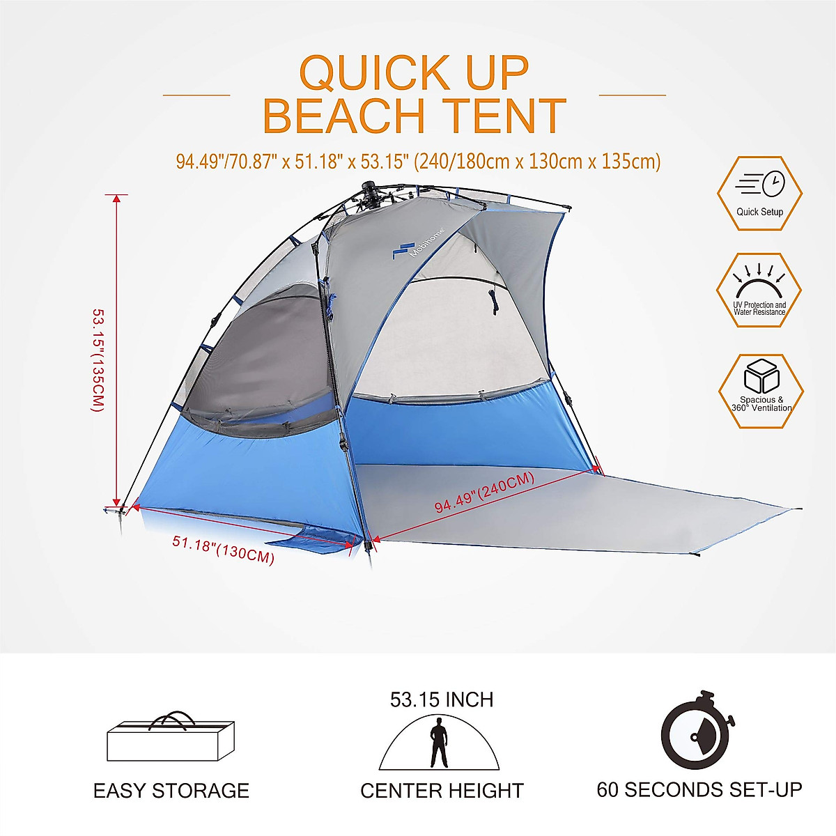 Beach Tent Sun Shelter Pop Up, X-Large 4-5 Person Portable Beach Shade with UPF 50+ Protection,Beach Canopy Umbrellas Windproof & Water-resistant for outdoor-with Sandpockets, stakes andExtended Porch