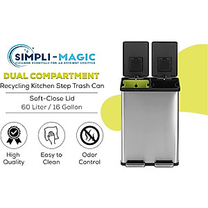 SIMPLI-MAGIC 60 Liter / 16 Gallon Rectangular Hands-Free Dual Compartment Recycling Kitchen Step Trash Can with Soft-Close Lid, Brushed Stainless Steel (38L x 22L Capacity)