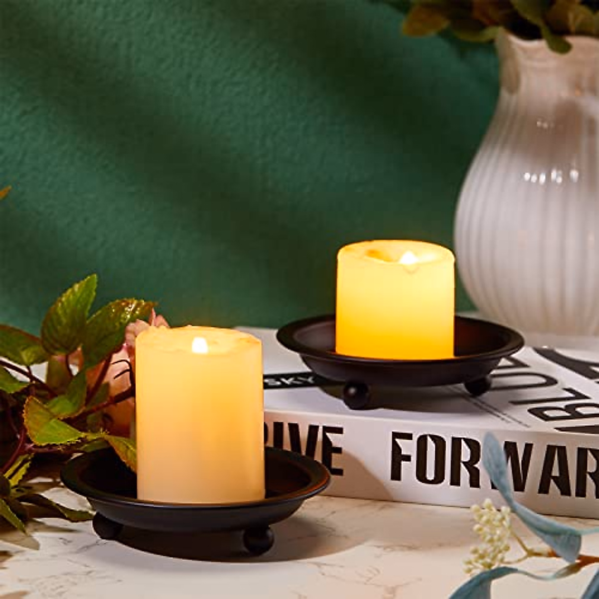4 Pieces Matte Black Iron Candle Plate Decorative Saucer Style Candle Holder Tray Metal Pedestal Candle Stand for Christmas Table Centerpiece Wedding Party Spa Decoration Pillar Candles 4.13 Inches