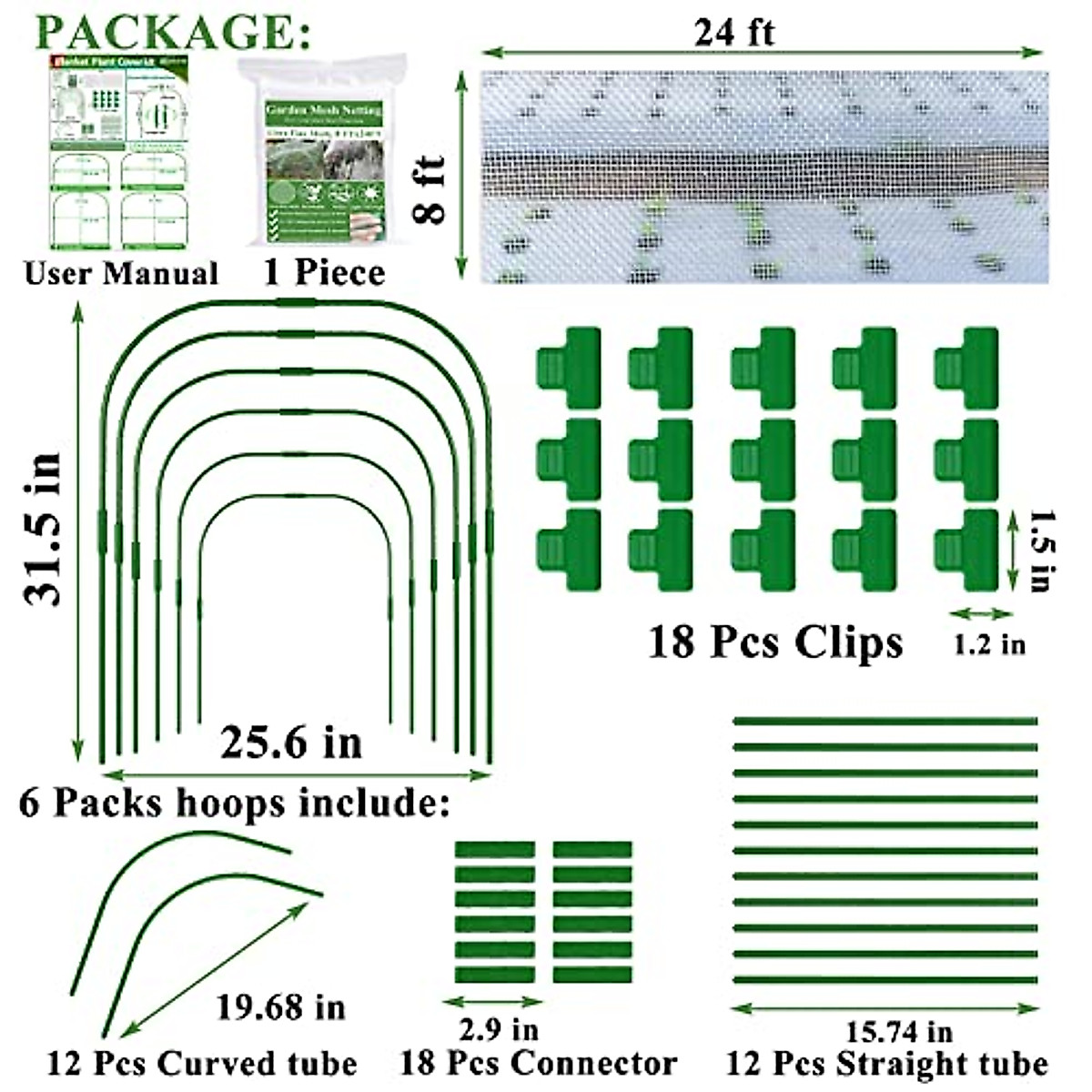 Garden Mesh Netting Kit, Plant Covers 8x24 Ft Ultra Fine Mesh Netting & 6Pcs Garden Hoops & 18 Clips for Vegetable Plants Fruits Flowers Crop Greenhouse Row Cover Birds Animals Barrier Protection Net