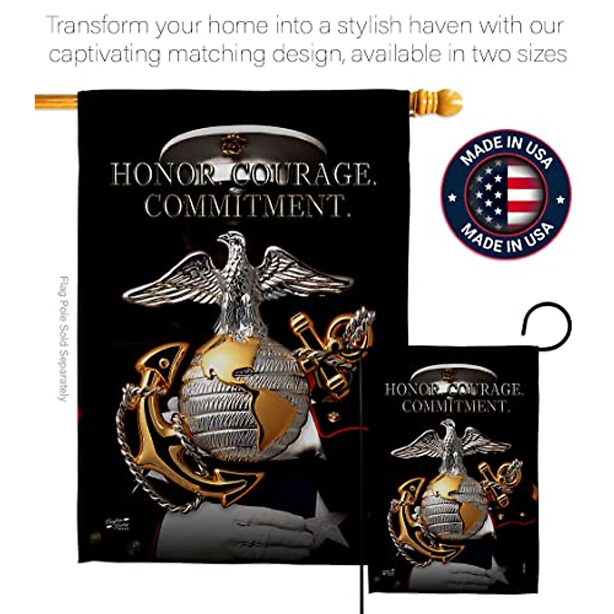 Honor Courage Commitment Garden Flag - Armed Forces Marine Corps USMC Semper Fi United State American Military Veteran Retire Official - House Banner Small Yard Gift Double-Sided 13 X 18.5