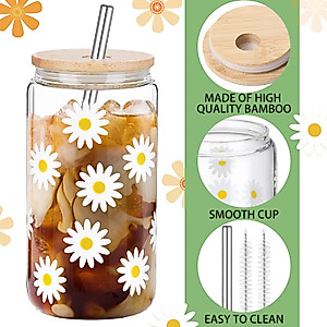 Nuenen 4 Pcs 16oz Daisy Flower Glass Cup with Lids and Straws Iced Coffee Glass Cup Cute Aesthetic Cups Glass Coffee Tumbler for Women Friend Her Birthday Gifts (Daisy)