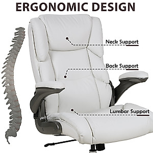Office Chair, Comfortable Office Chair with Flip-Up Arm, High Back Office Chair with 400LBS Load -Bearing Capacity, Comfy Office Chair for Heavy People, Big and Tall Office Chair, White, Faux Leather