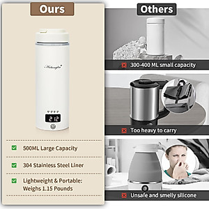 Portable Bottle Warmer for Travel, 17 Oz Milk Warmer, 4 Temperature Control & Auto Shut-Off, Fast Boil Hot Water Warmer, Perfect for Travel&Hotel Use,Electric Kettle with Handy（White，Non-Rechargeable）