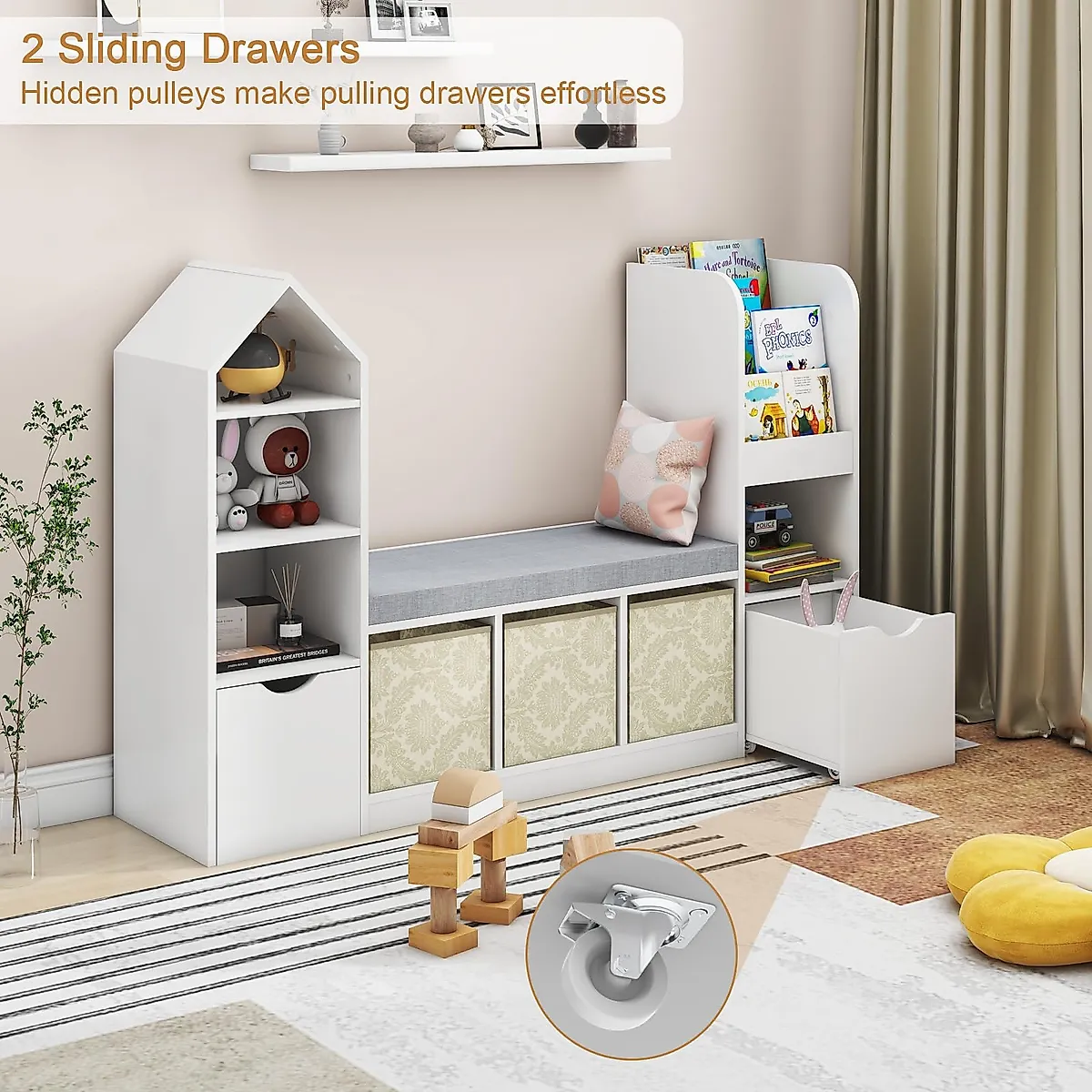 Vabches Kids Bookcase and Bookshelf with Reading Nook, Multifunctional Bookcase with 7 Storage Cubbies 2 Movable Drawers, Bookcase with Seat Cushion for Toy Storage Organizer Children's Room, Bedroom