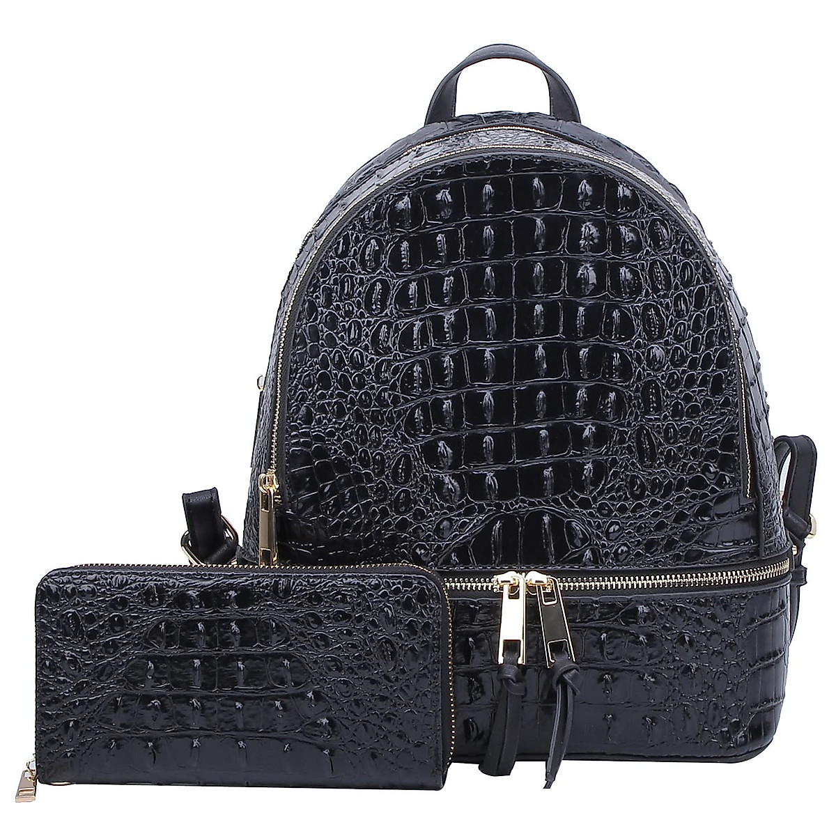 Crocodile Alligator Faux Backpack & Wallet Set (black)