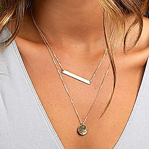 Dainty Layering Pearls Necklace Bar Necklace Hammered Disc Pendant Necklace Simple Layering Necklace Gold Plated Choker for Women