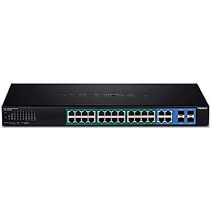TRENDnet 28-Port Gigabit Web Smart PoE+ Switch, 24 x Gigabit Ports, 4 x Shared Gigabit Ports (RJ-45 or SFP), 185W PoE Budget, 56Gbps Switching Capacity, Lifetime Protection, Black, TPE-2840WS