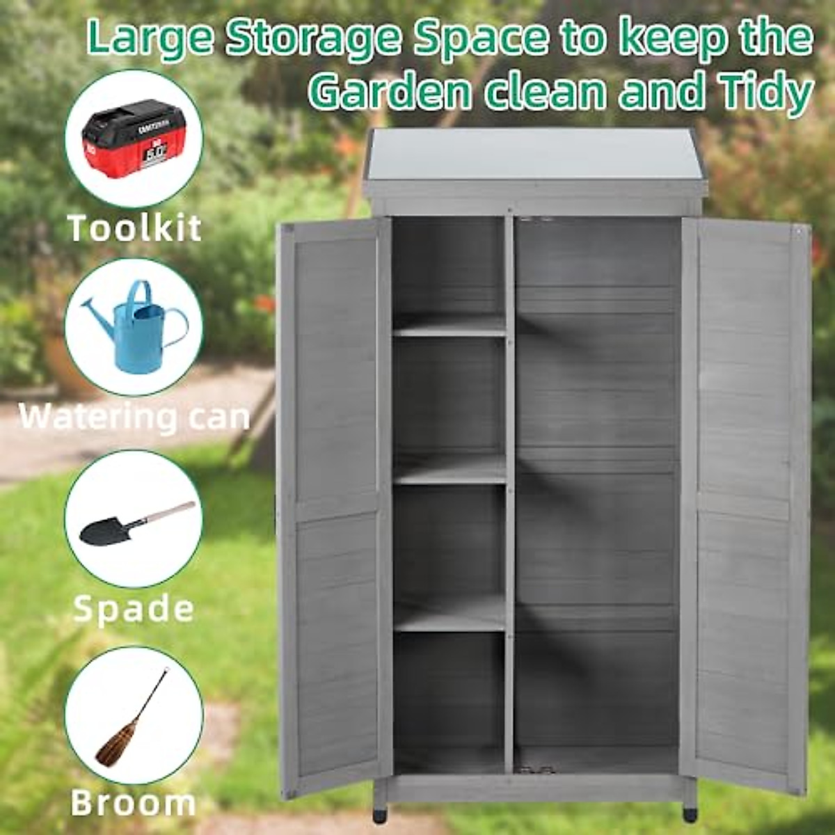 Ajikgn Outdoor Storage Cabinet and Metal Top,Garden Storage Shed,Outdoor 68 Inches Wood Tall Shed for Yard and Patio