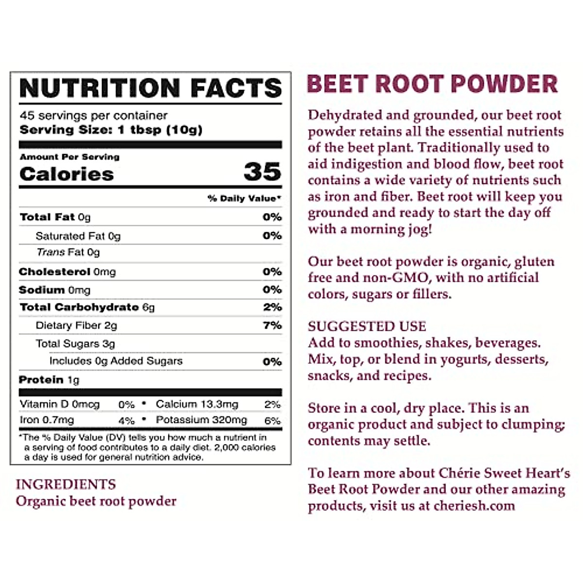 Organic Beet Root Powder (1 LB) by Chérie Sweet Heart, Raw & Non-GMO