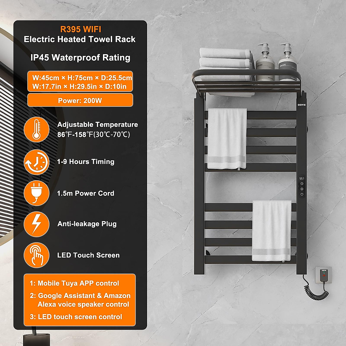 Heated Towel Rack, WiFi Towel Warmer Rack, für Alexa und Google Home and TUYA APP, Heated Towel Racks for Bathroom, with 1H-9H Hour Timer 86℉-158℉ Temperature Control-WiFi Black Right