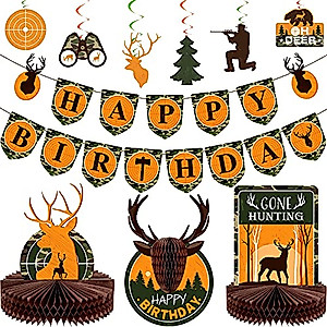 16 Pieces Hunting Birthday Party Decorations Kit Hunting Birthday Banner Gone Hunting Honeycomb Table Decor Colorful Swirls Hanging Cards Green Tree Oh Deer Bear Cards for Hunter Themed Party