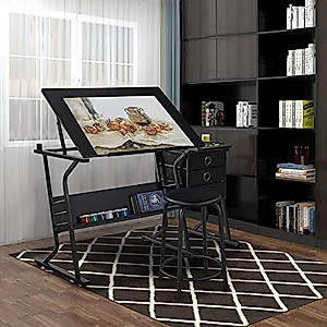 Topeakmart Height Adjustable Drafting Table Art Craft Desk Work Station Hobby Design Studio Tiltable Tabletop Drawing Desk with Stool & Storage Drawers ‎50.5 x 23.6 x 43.7 inches