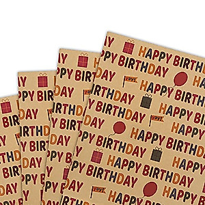 Geluode Birthday Wrapping Paper,4 Sheets Happy Birthday Gift Wrap, Brown Kraft Gift Wrapping Paper 20x28 Inches For Boys Girls Kids Birthday Baby Shower Wedding